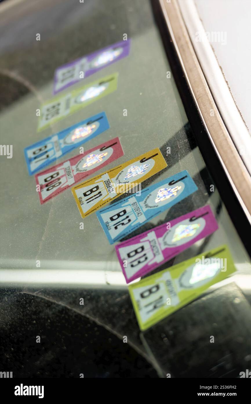 Austrian motorway toll stickers in motor vehicles, symbol for toll, tax ...