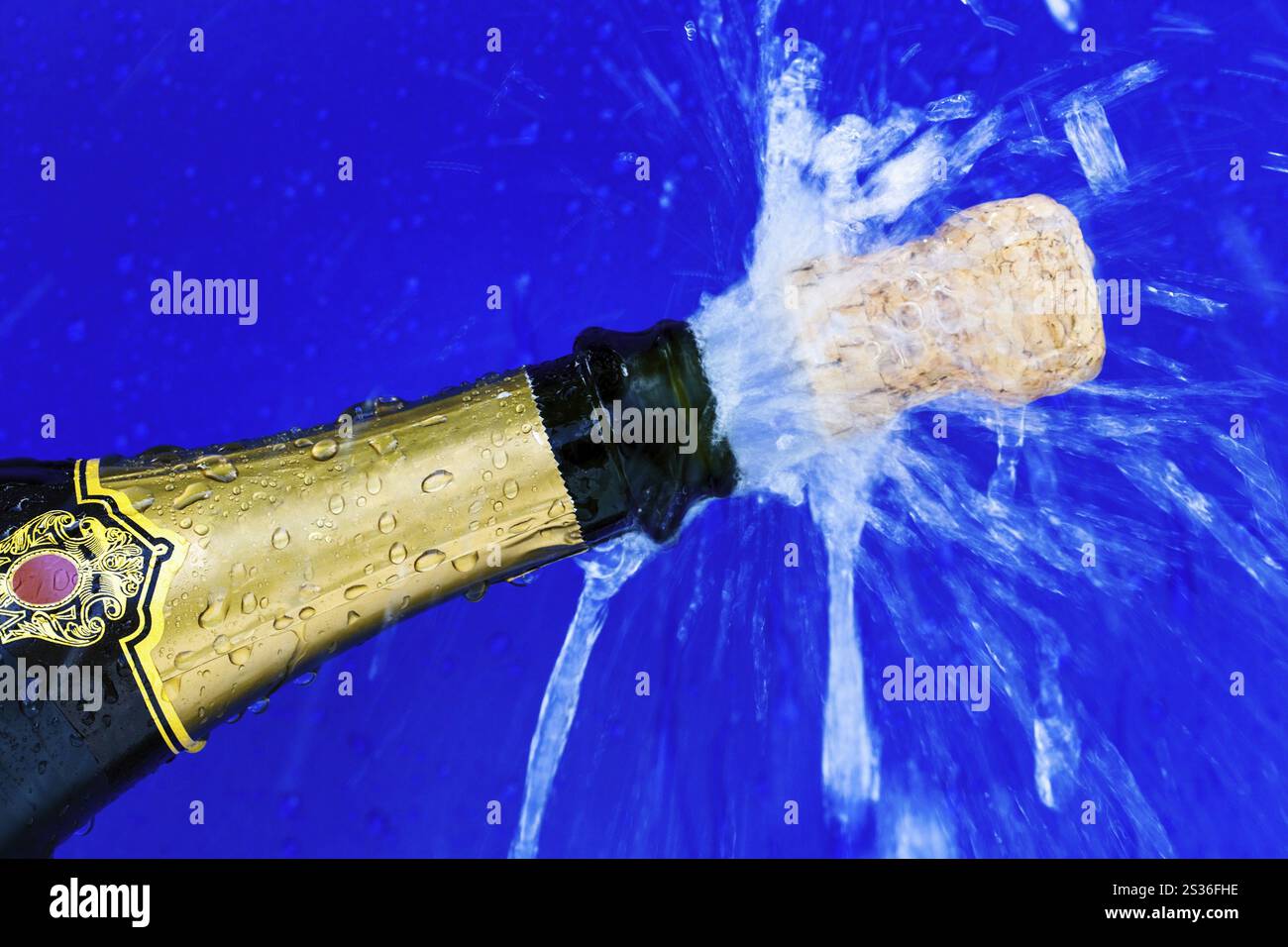 Champagne bottle is opened. Cork shoots out of champagne bottle ...