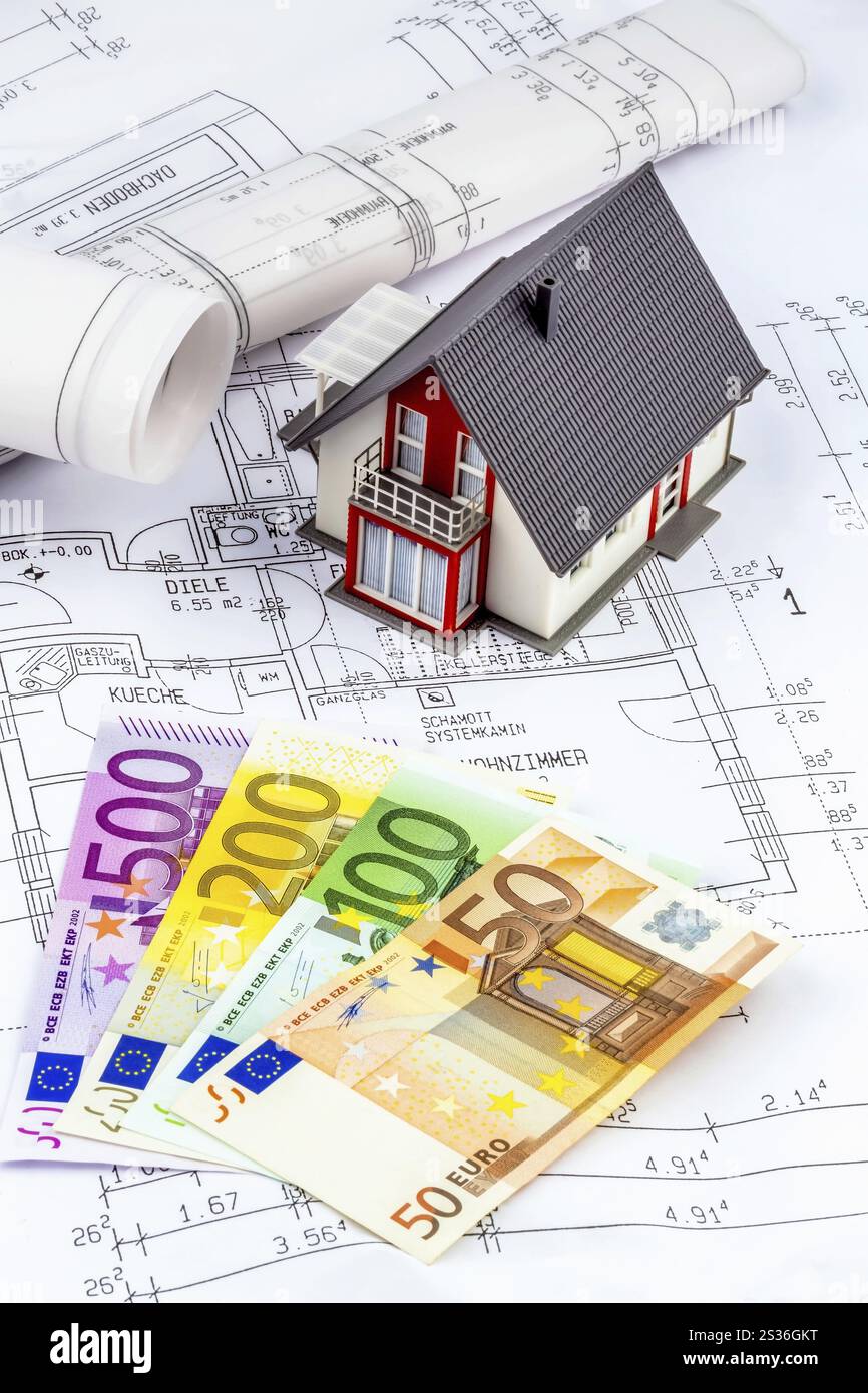 An architect's construction plan with euro money. Symbolic photo for ...