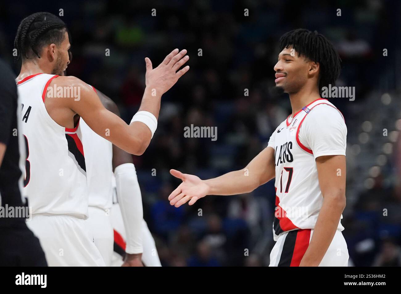Portland Trail Blazers guard Shaedon Sharpe (17) celebrates his 3-point ...