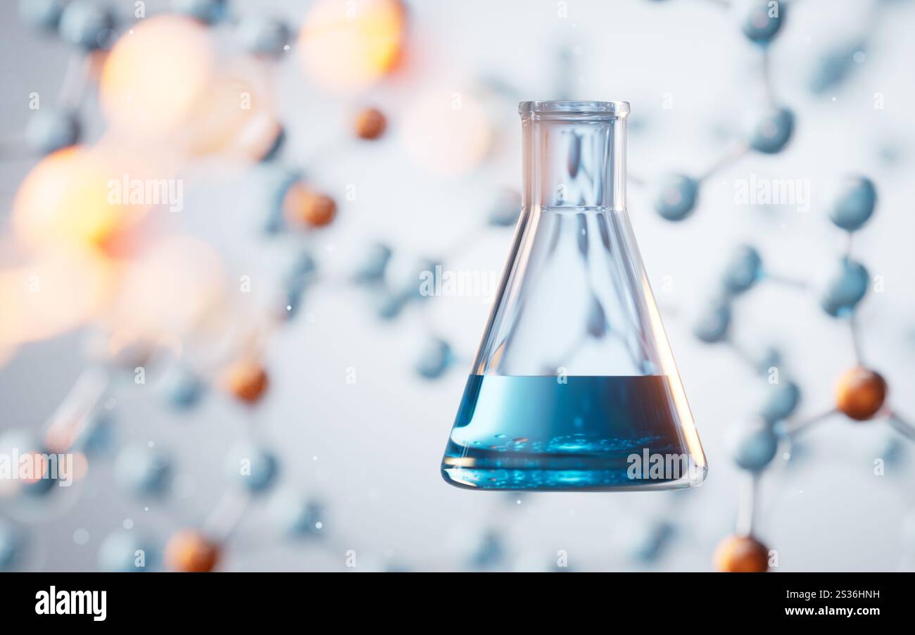 Conical flask with transparent molecules background, 3d rendering. 3D ...