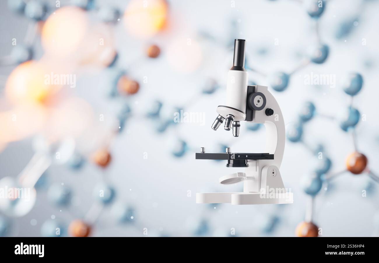 Microscope with transparent molecules background, 3d rendering. 3D ...