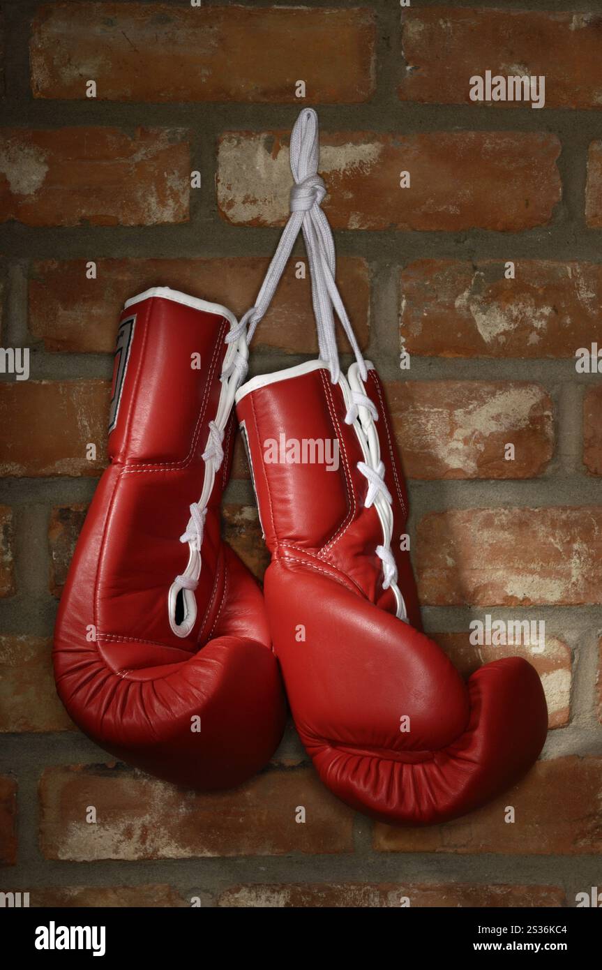 Red boxing gloves hanging on a brick wall background Stock Photo - Alamy