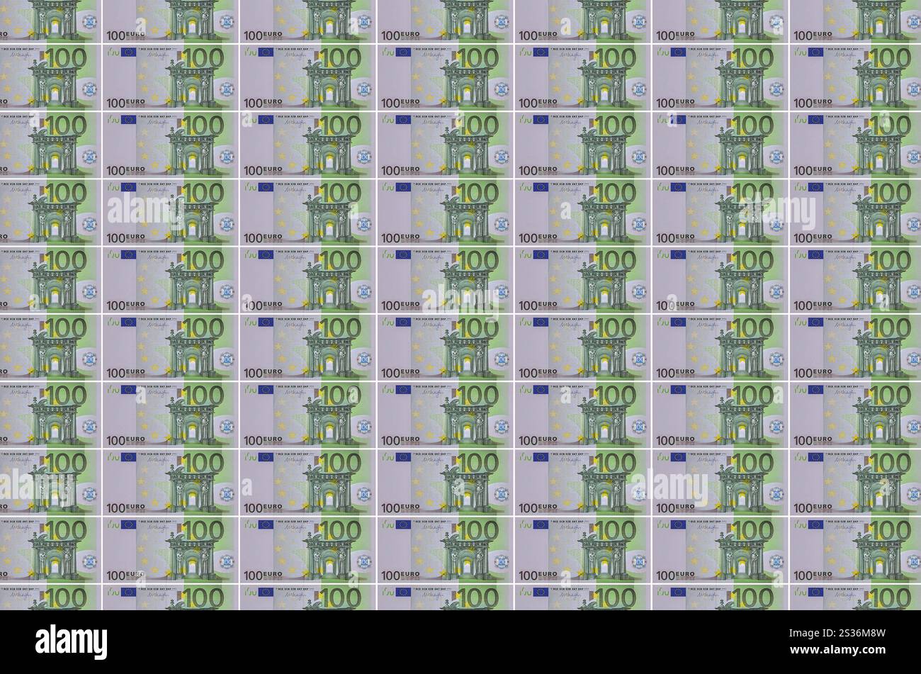 100 Euro bills printed in money production conveyor. Collage of many bills. Concept of currency ...