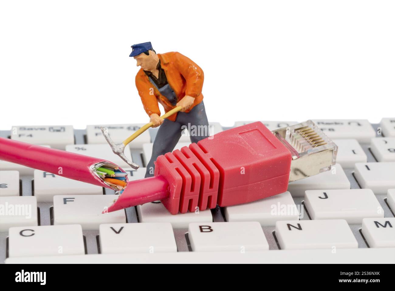 Worker, network plug, keyboard, symbol photo for Internet, malfunction ...