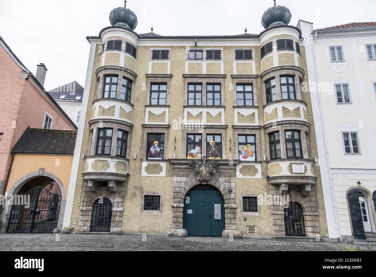 There is a nativity scene scene at Christmas on a residential building ...