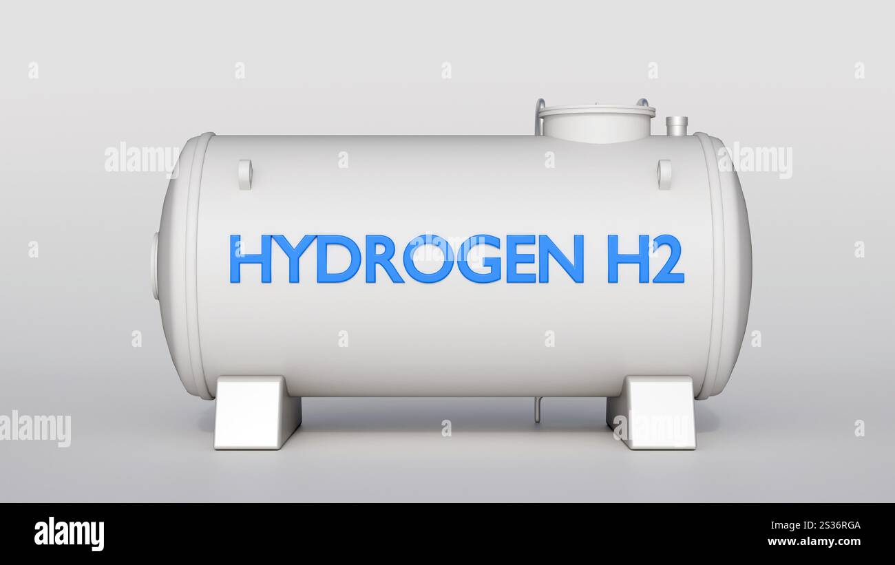 A 3d rendering of cylindrical tank labeled "HYDROGEN H2" in blue ...