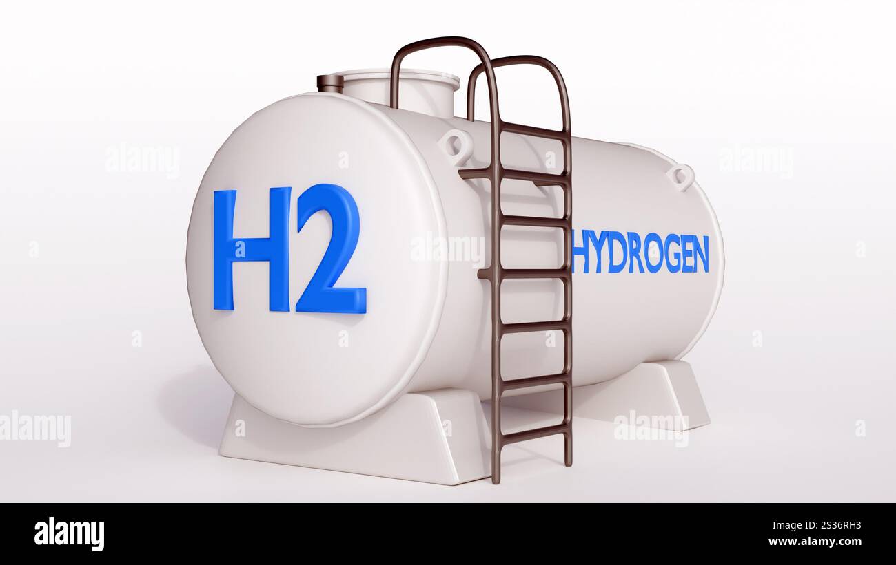 A 3d rendering of cylindrical tank labeled "HYDROGEN H2" in blue ...