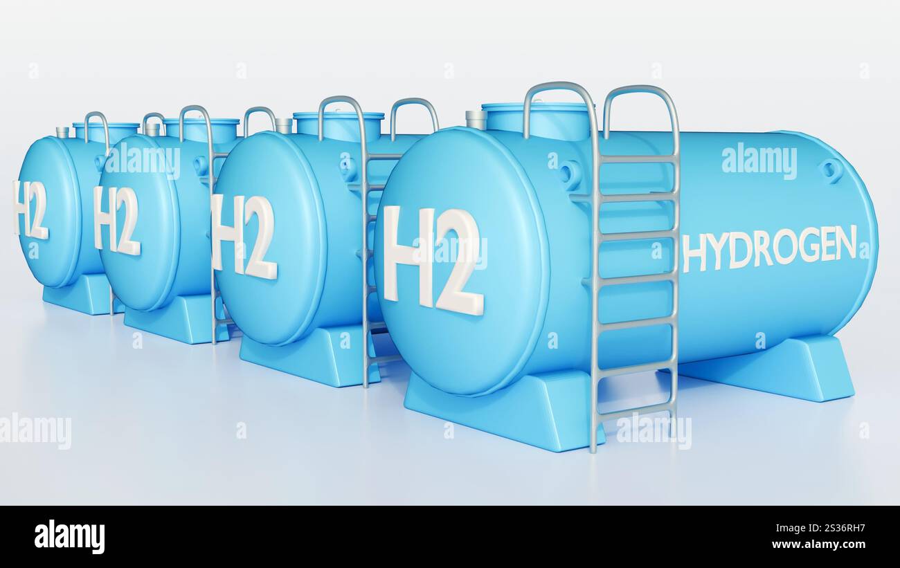 A 3d rendering of cylindrical tank labeled "HYDROGEN H2" in blue ...