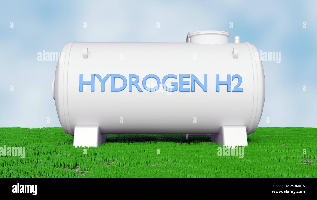 A 3d rendering of cylindrical tank labeled "HYDROGEN H2" in blue ...