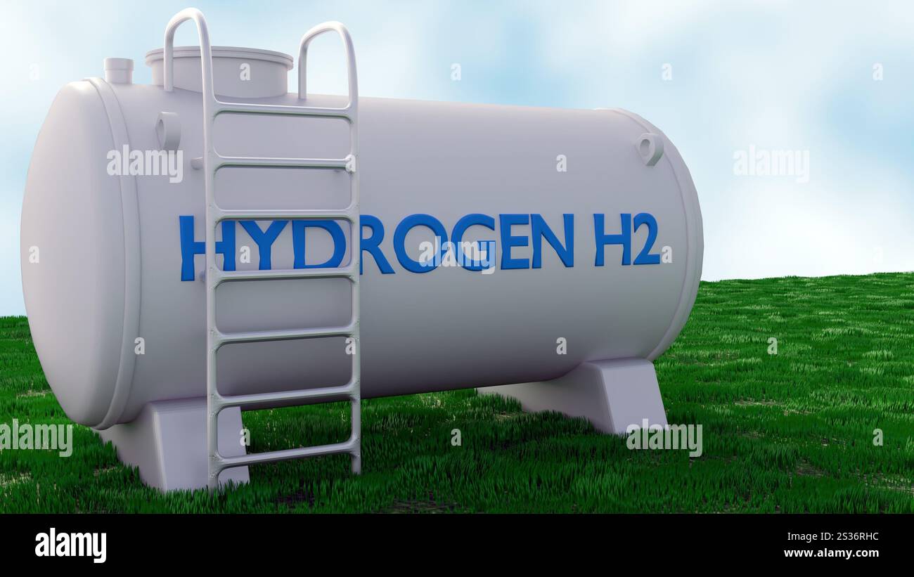 A 3d rendering of cylindrical tank labeled "HYDROGEN H2" in blue ...