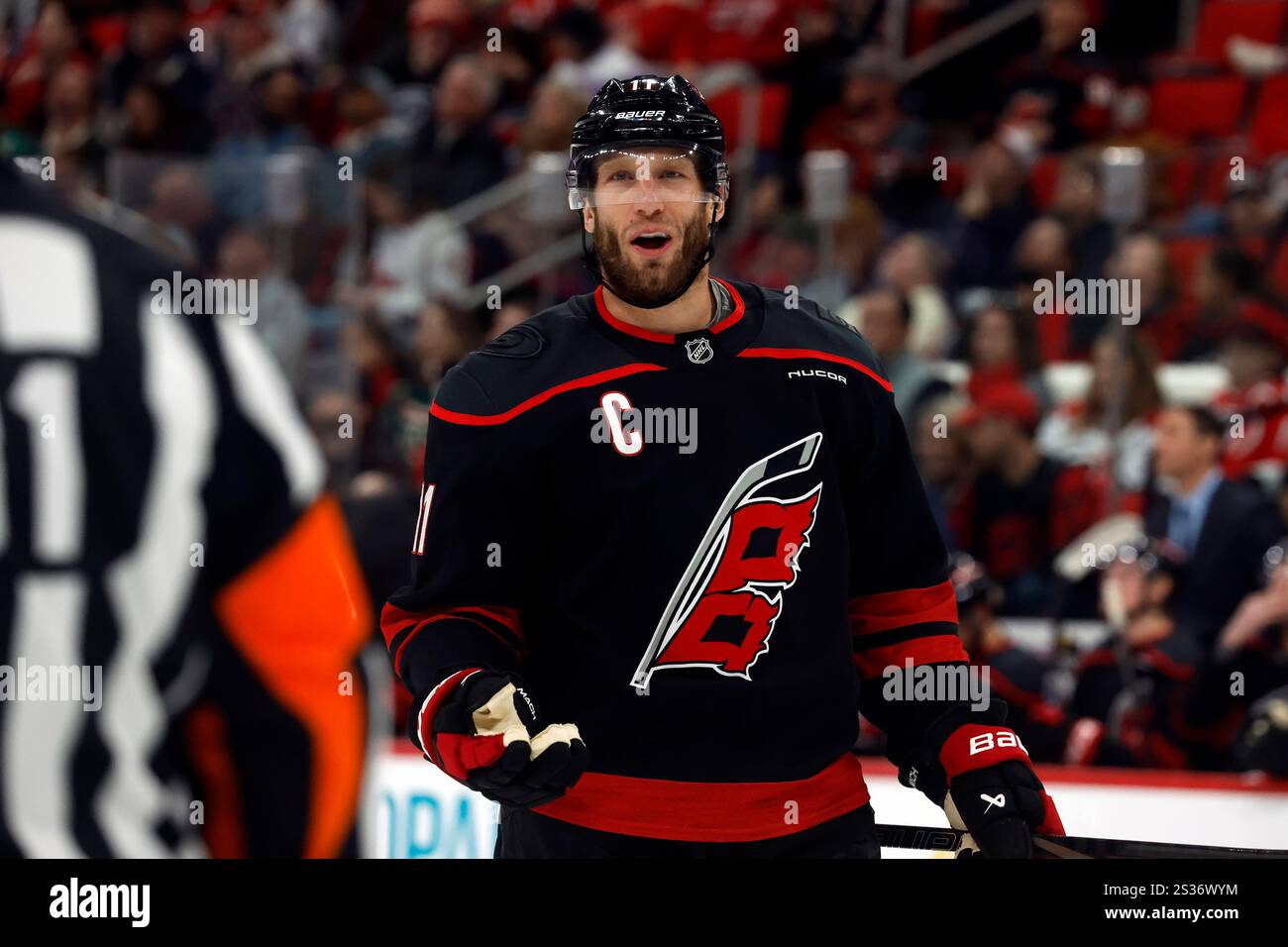 Carolina Hurricanes' Jordan Staal (11) protests a call with an official ...