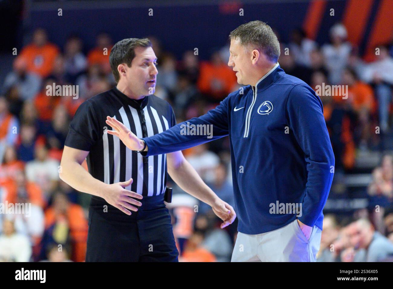 Penn State head coach Mike Rhoades discusses a call with the referee ...