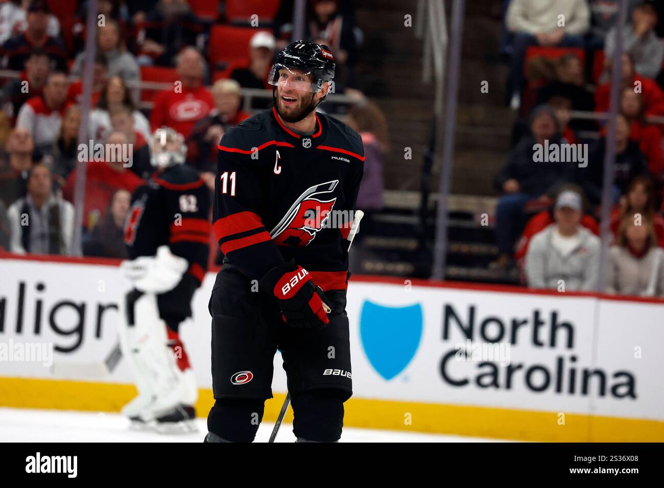 Carolina Hurricanes' Jordan Staal (11) protests a call with an official ...