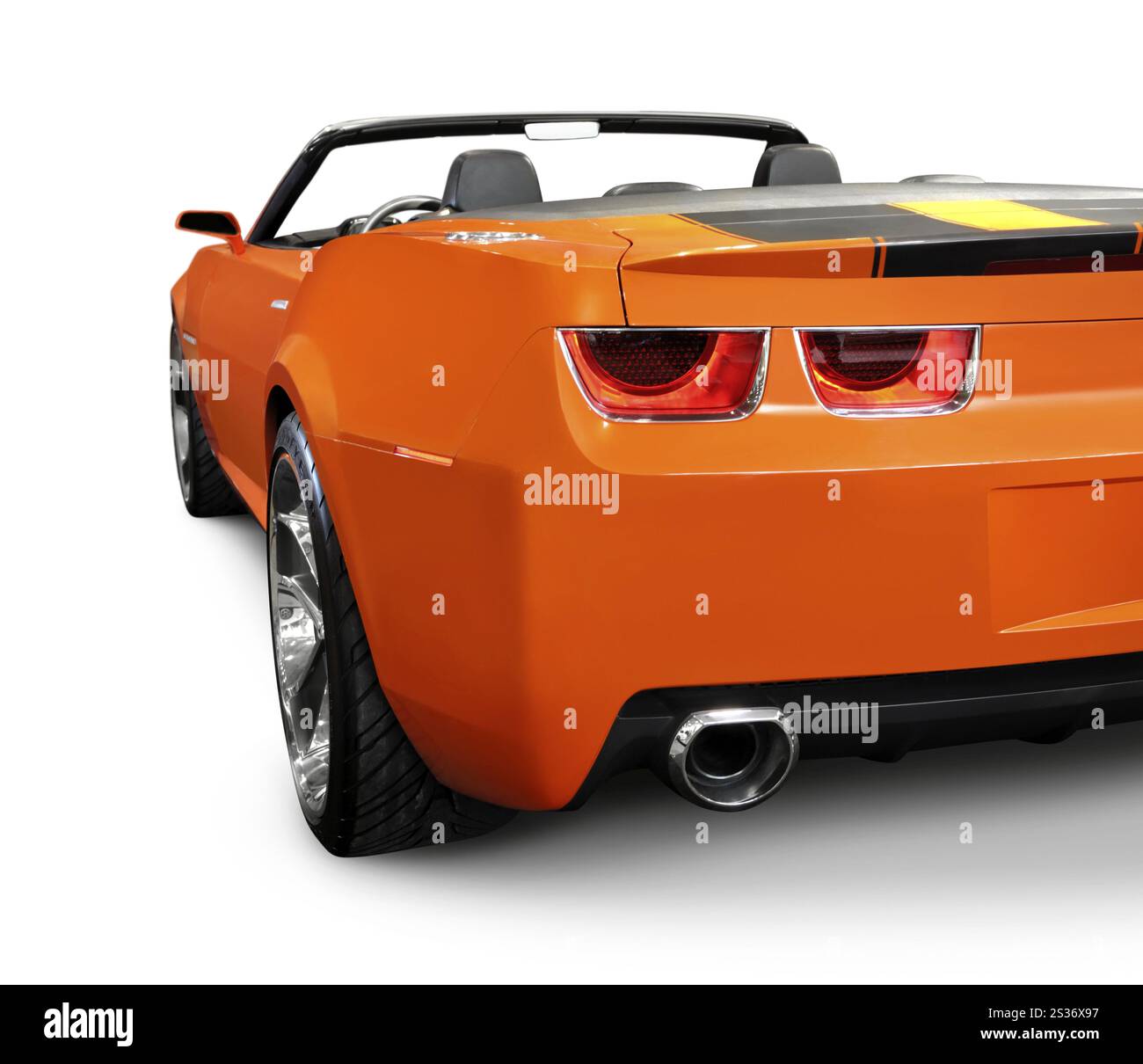 Closeup of a orange sports car back. Isolated with clipping path on ...