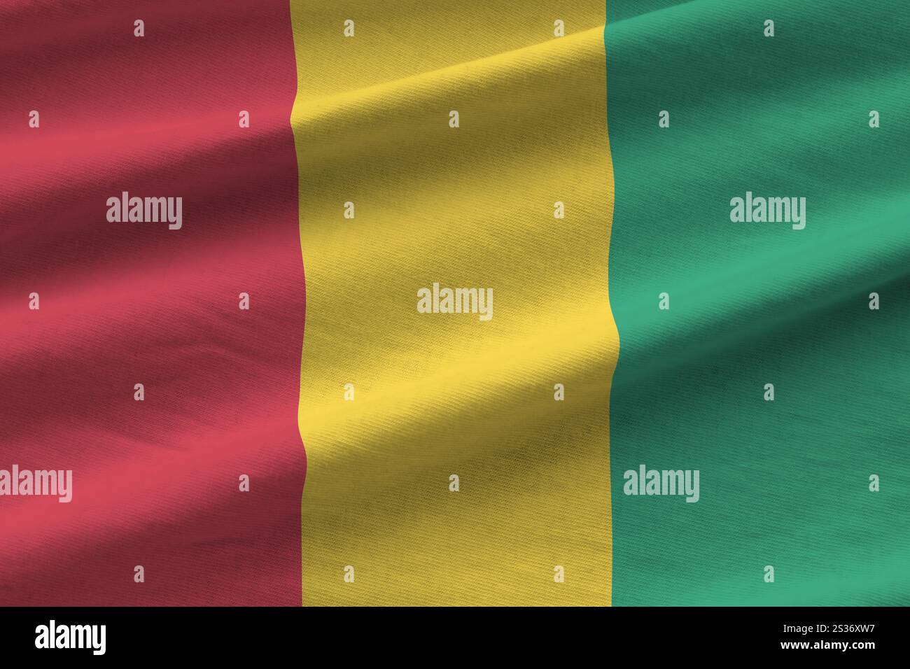 Guinea flag with big folds waving close up under the studio light ...