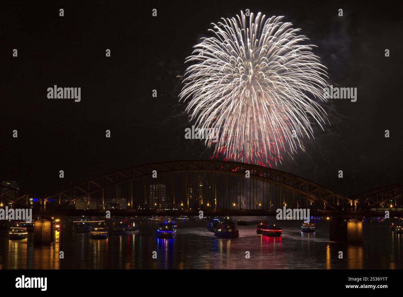 Firework in red and white colours, Cologne, Germany Cologne, Germany ...