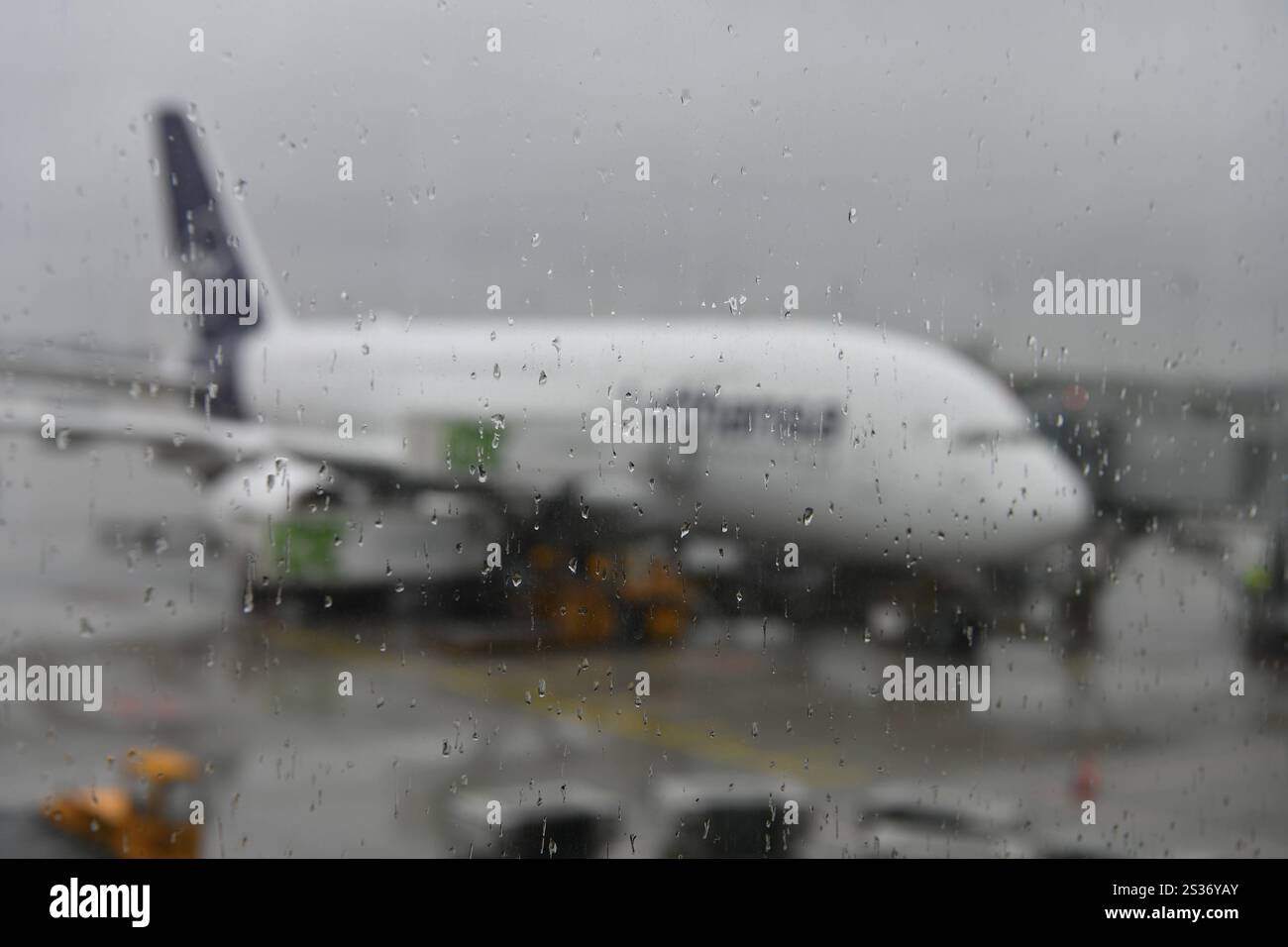 Lufthansa Airbus A380-800 in the rain at the check-in position, raindrops on the window ...
