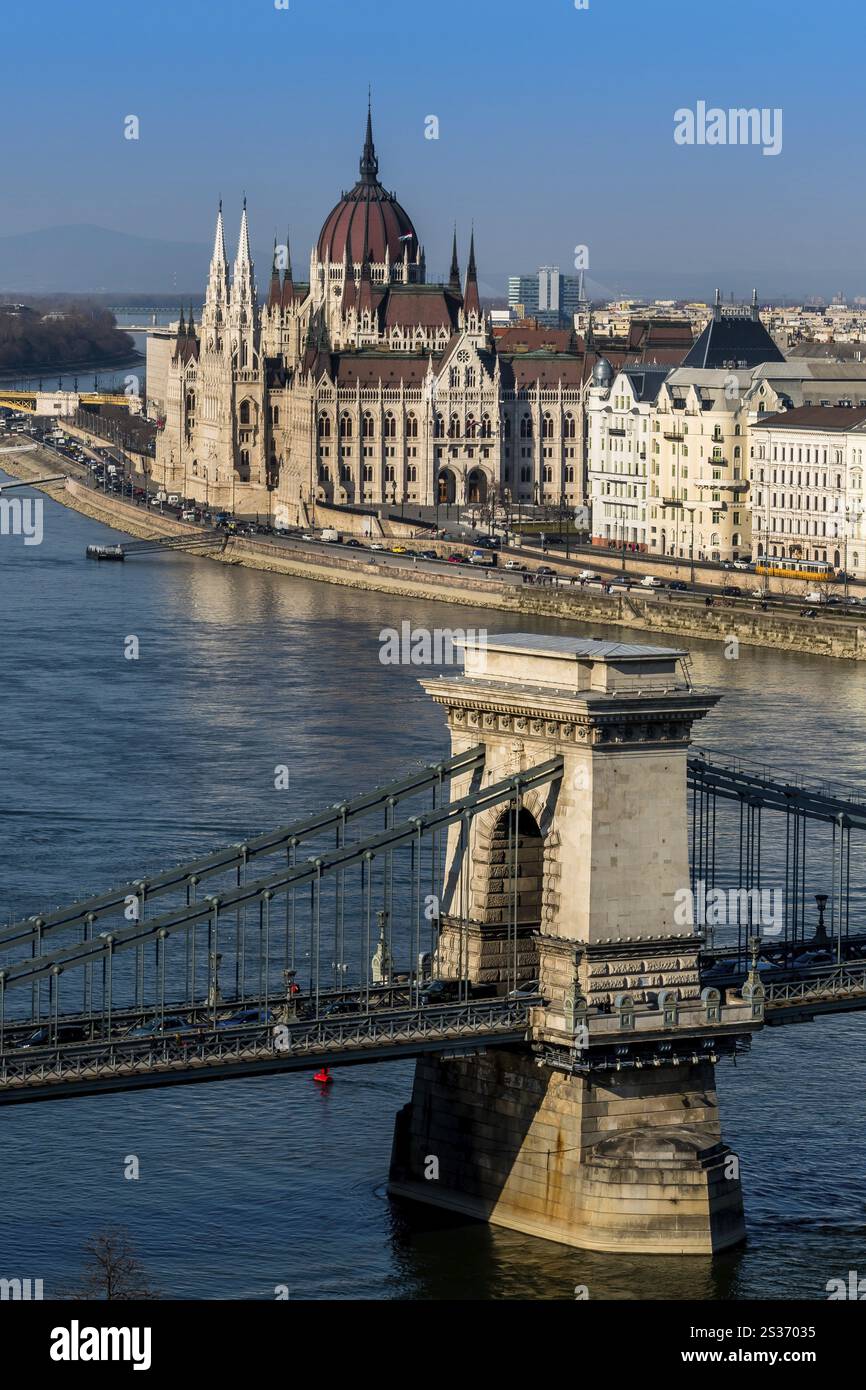 Hungary, Budapest. The Chain Bridge and the Parliament are landmarks of ...