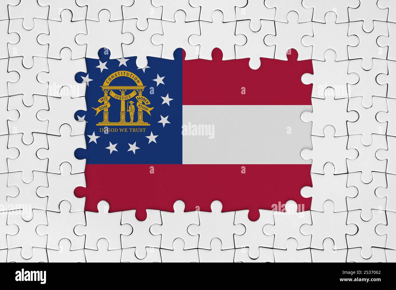 Georgia US state flag in frame of white puzzle pieces with missing ...