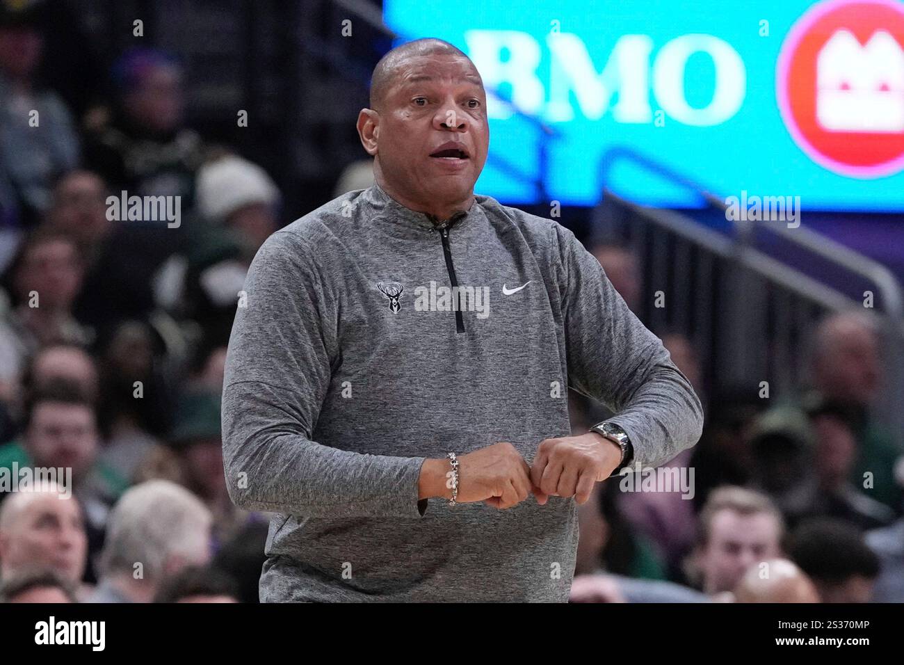 Milwaukee Bucks head coach Doc Rivers reacts during the first half of ...