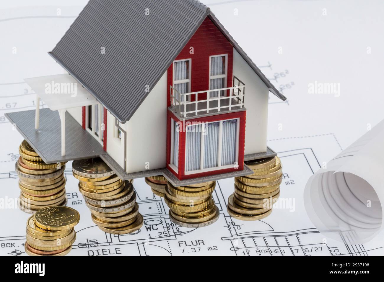 House on building plan, symbolic photo for house building, financing ...