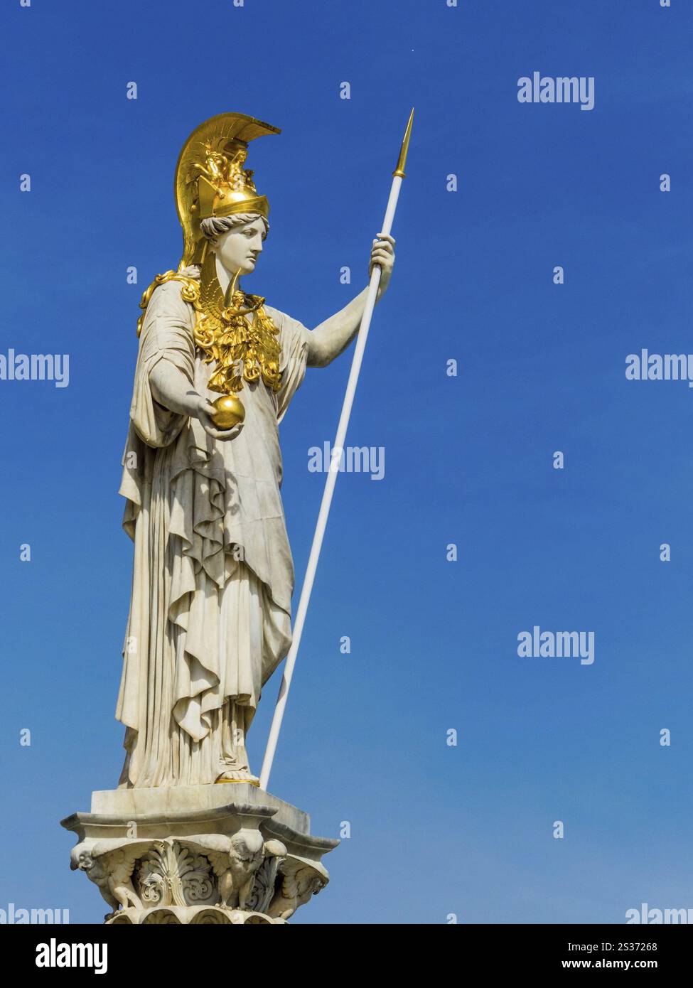 The parliament in Vienna, Austria. With the statue of Pallas Athena, the Greek goddess of wisdom ...