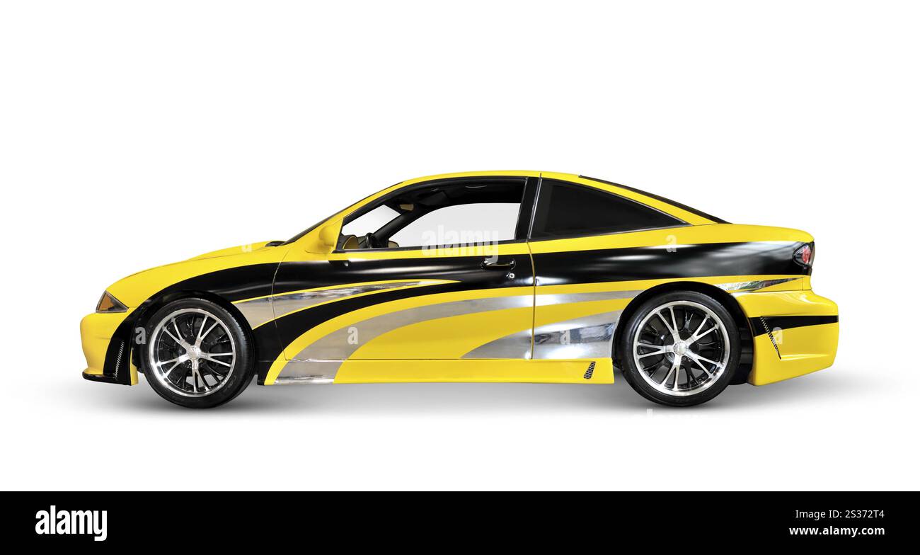 Yellow custom sports car side view isolated on white background with ...