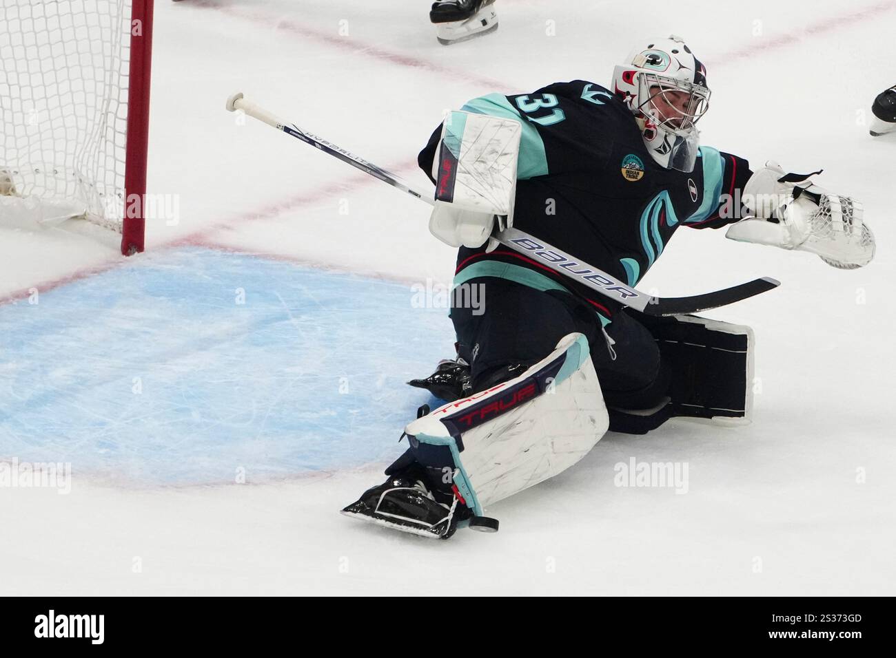 Seattle Kraken goaltender Philipp Grubauer makes a save against the ...