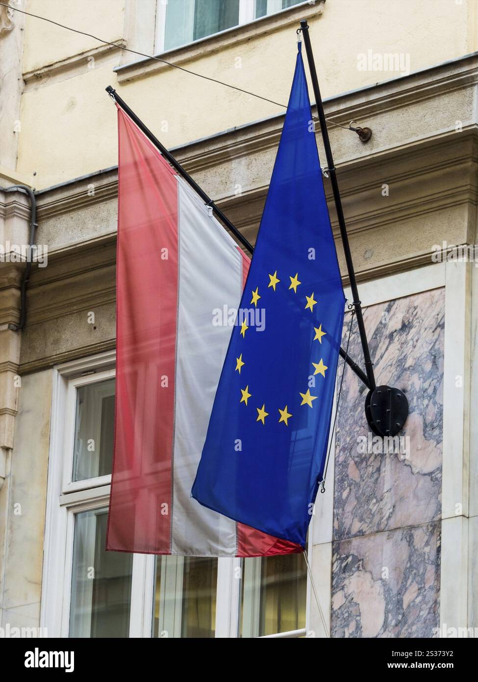The flag of the European Union (EU) and the Austrian flag Stock Photo ...