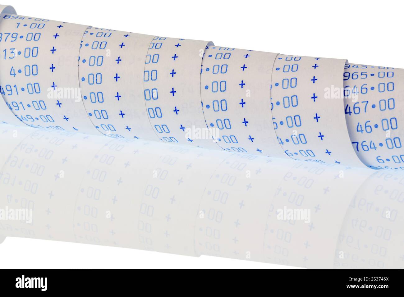 The calculation strip of a pocket calculator on a white background ...