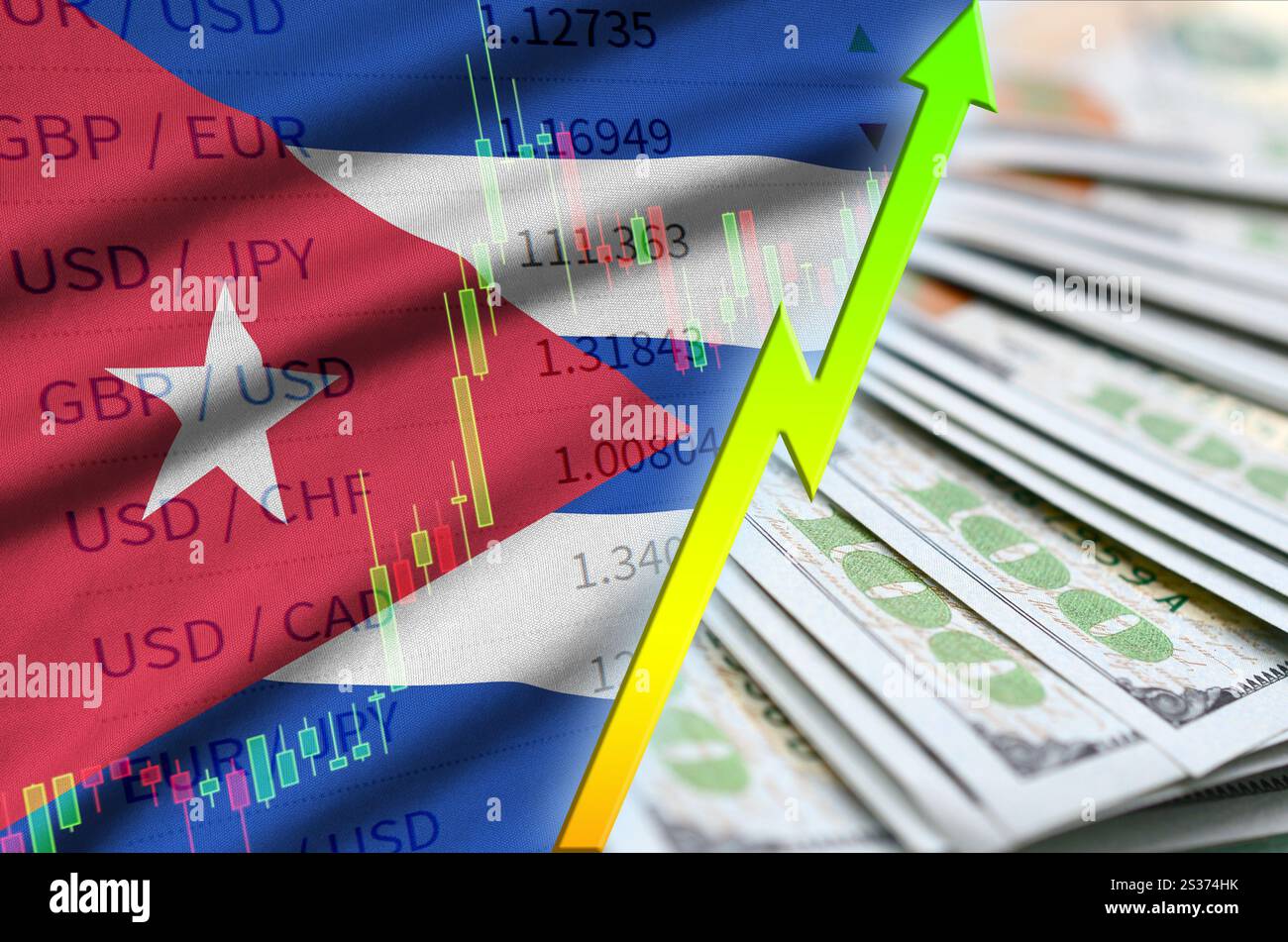 Cuba flag and chart growing US dollar position with a fan of dollar ...