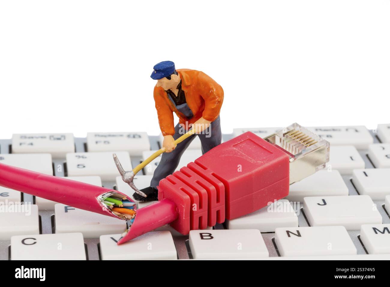 Worker, network plug, keyboard, symbol photo for Internet, malfunction ...