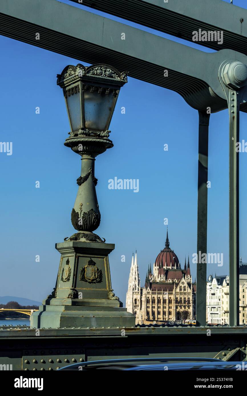 Hungary, Budapest. The Chain Bridge and the Parliament are landmarks of ...