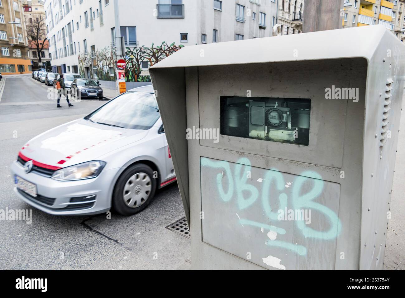 A dummy camera is located in a speed camera box for speed measurement ...