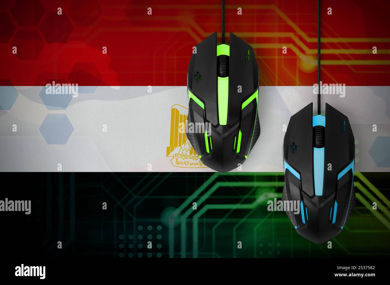 Egypt flag and two modern computer mice with backlight. The concept of ...