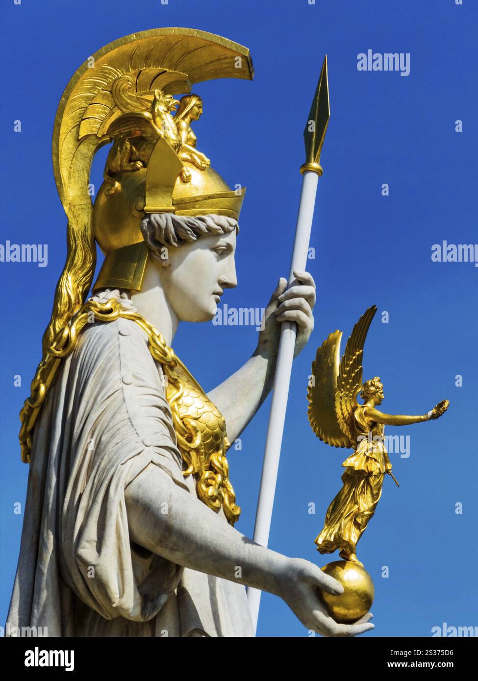 The parliament in Vienna, Austria. With the statue of Pallas Athena, the Greek goddess of wisdom ...