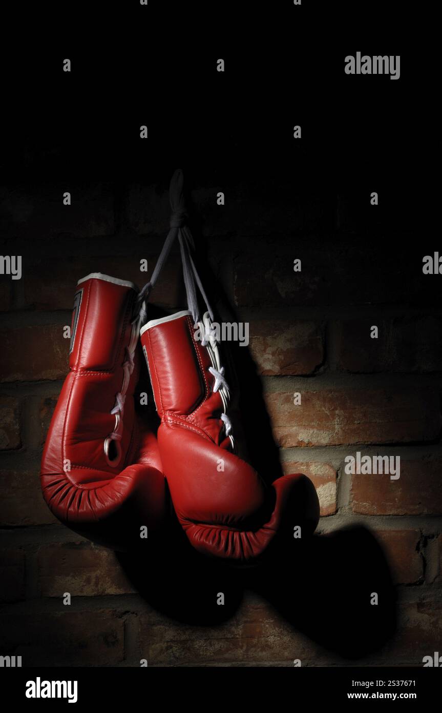 Red boxing gloves hanging on a brick wall in a spot of light Stock ...