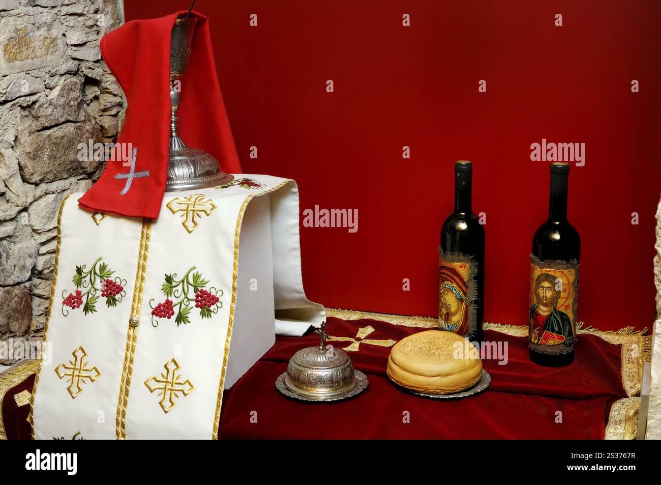 Cyprus sacramental wine with religious icons on bottle labels and a ...