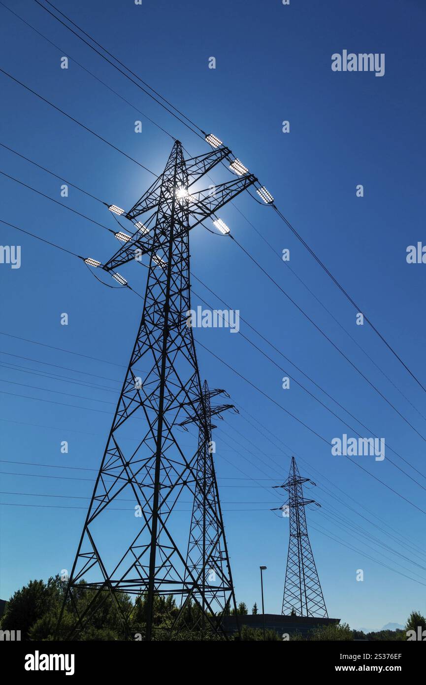 High-voltage pylon, symbolic photo for electricity production, supply ...