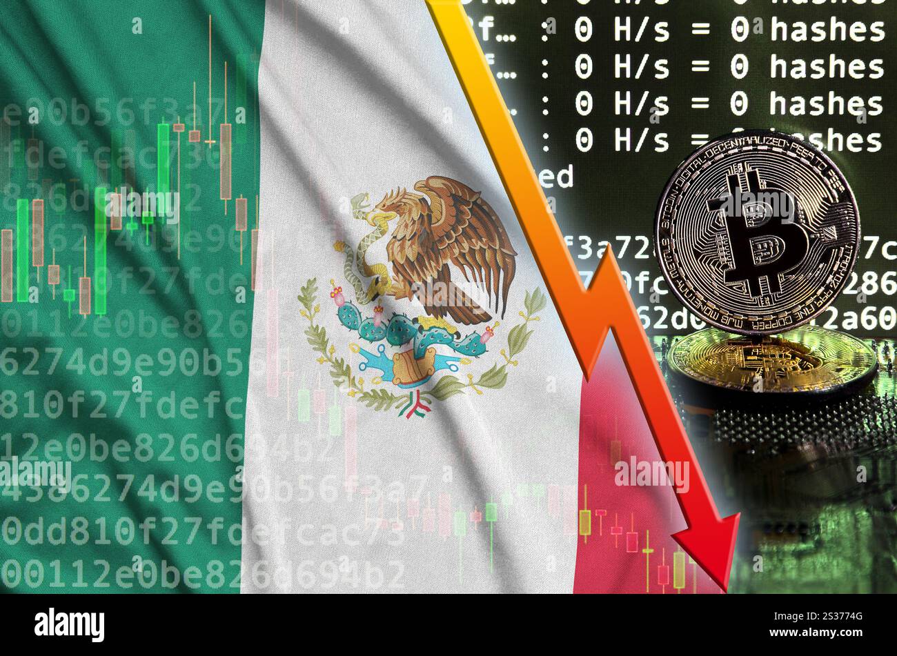 Mexico flag and falling red arrow on bitcoin mining screen and two ...
