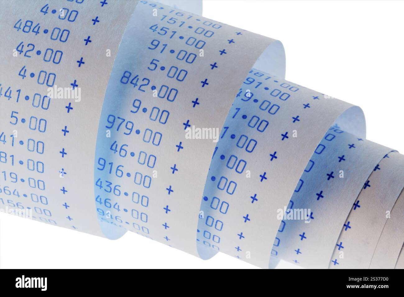The calculation strip of a pocket calculator on a white background ...