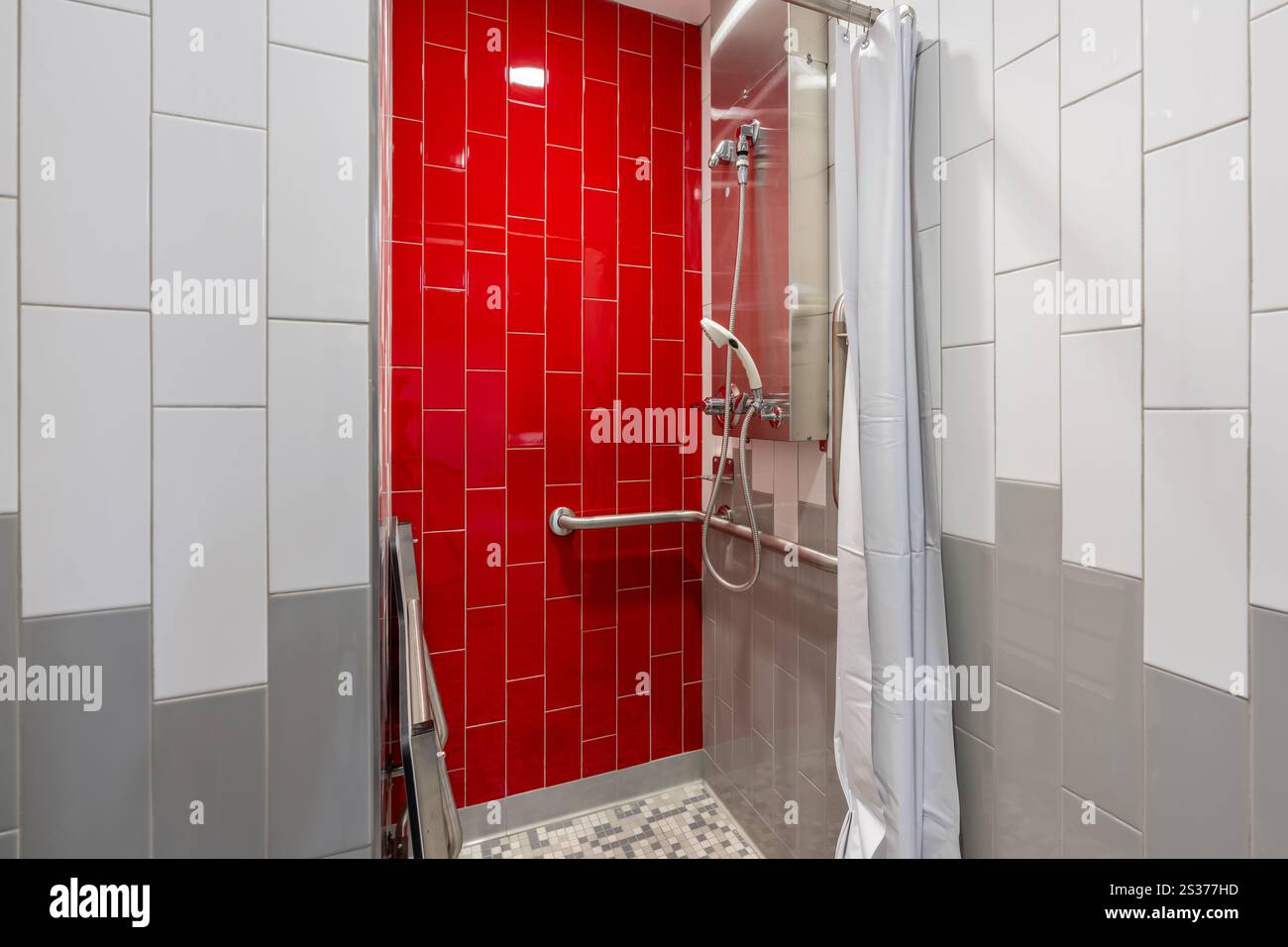 New single, private, gym locker room shower with red tile wall, bench ...