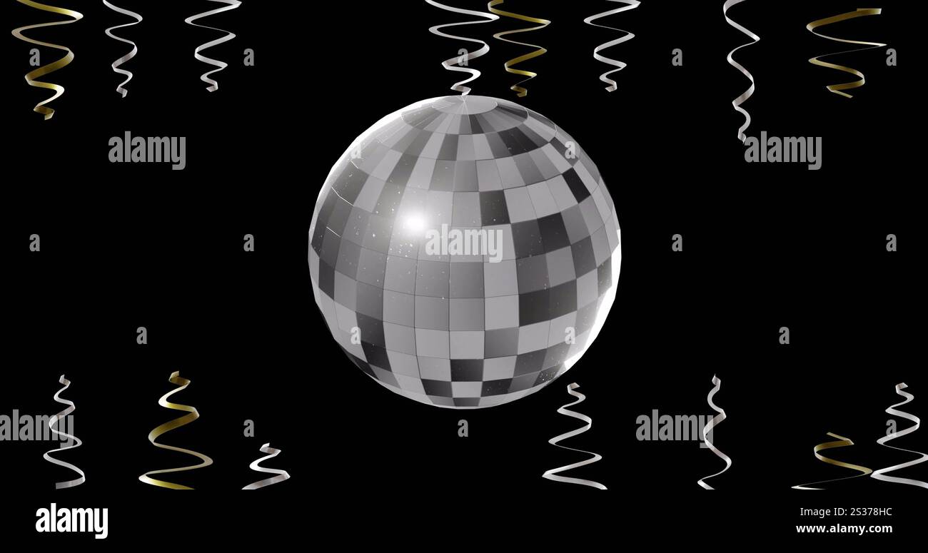 Image of party streamers and mirror disco ball on black background ...