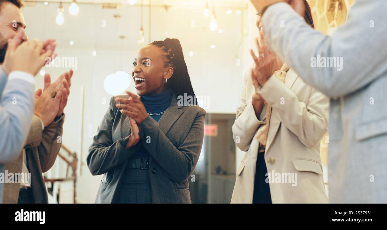 People, happy and applause in office for business, positive ...