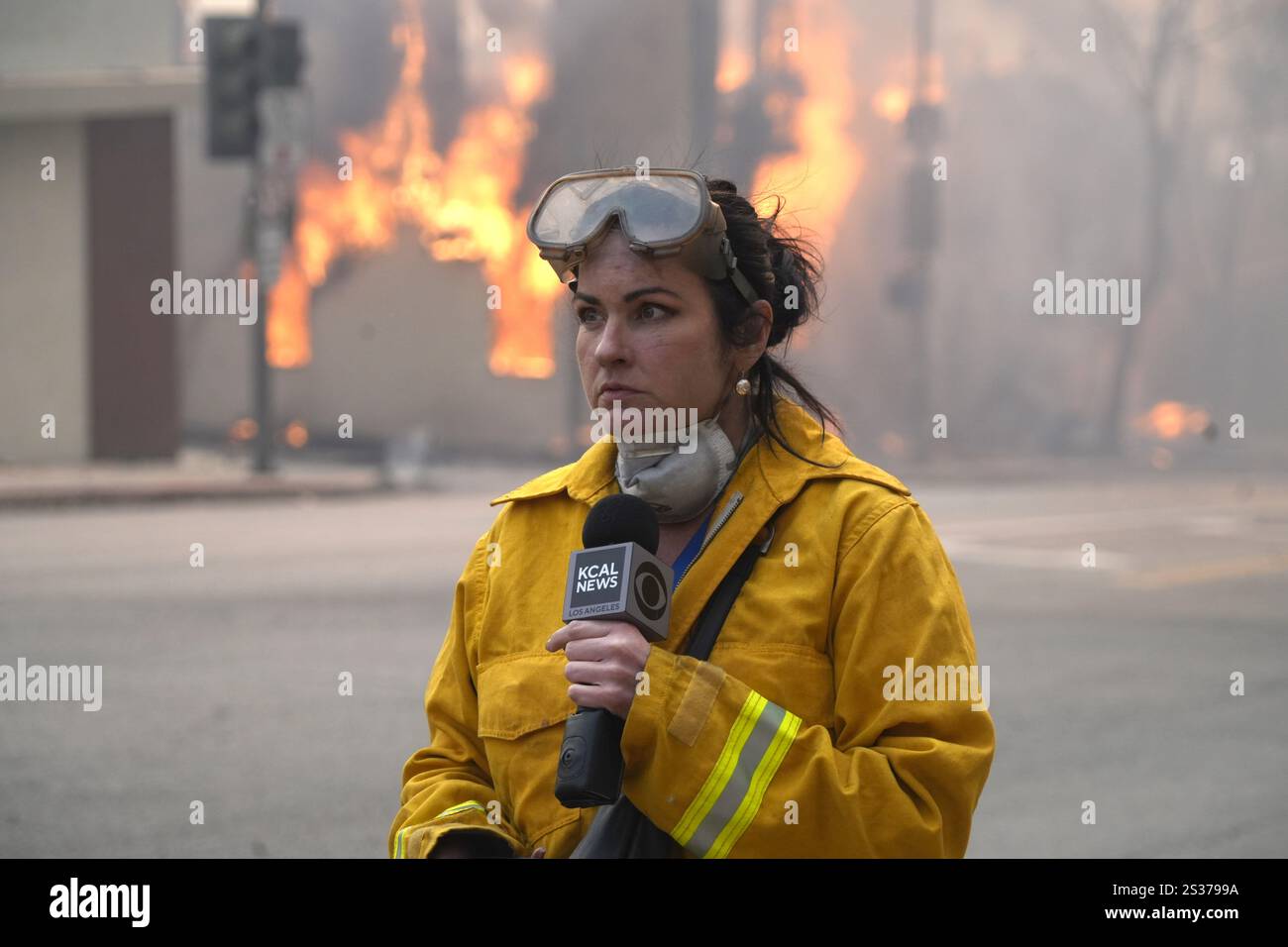 KCAL News female television reporter Joy Benedict reports during the ...
