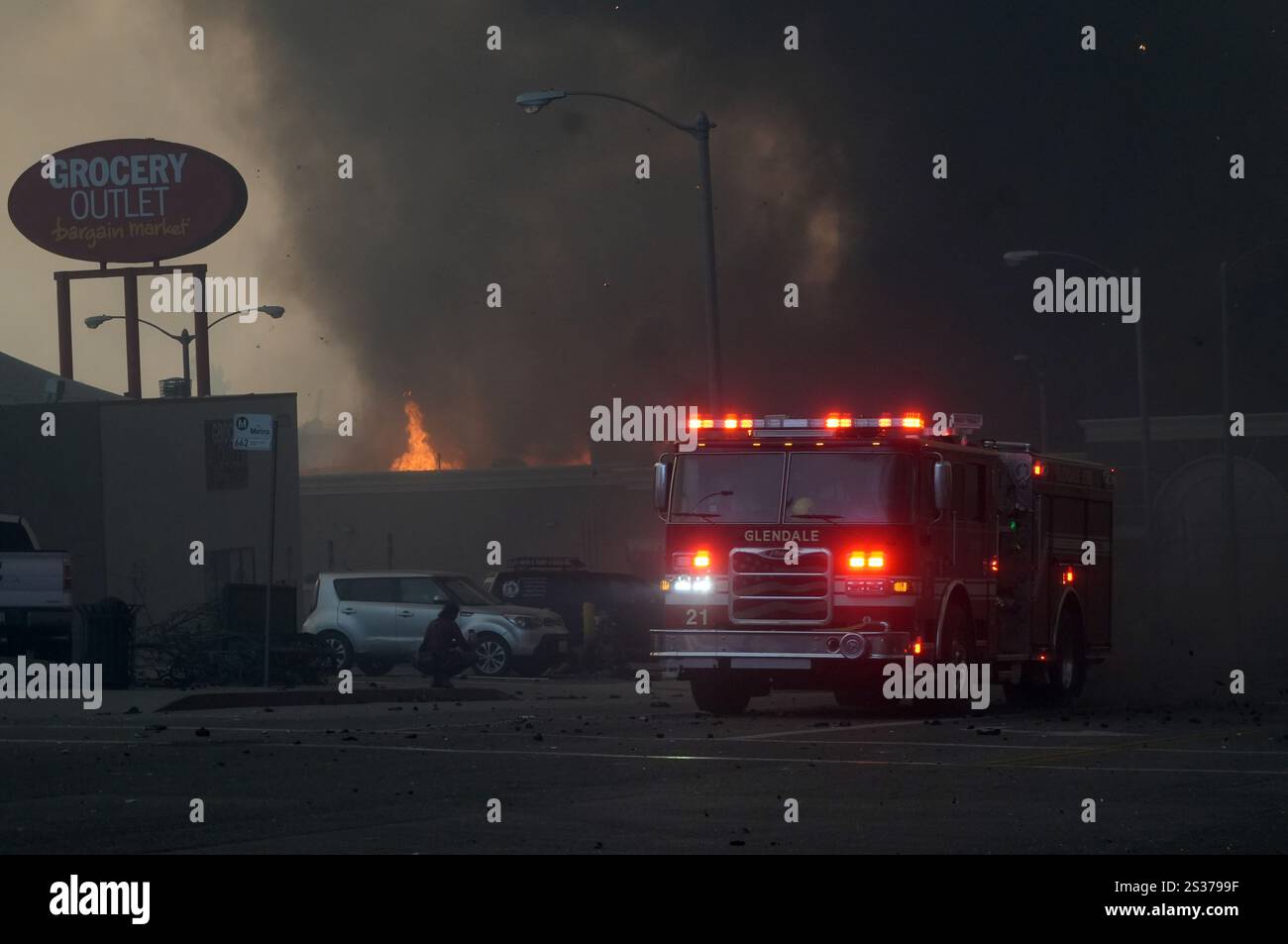 A Glendale Fire Dept. truck drives on Lake Ave. during the Eaton Fire, Wednesday, Jan. 8, 2025 ...