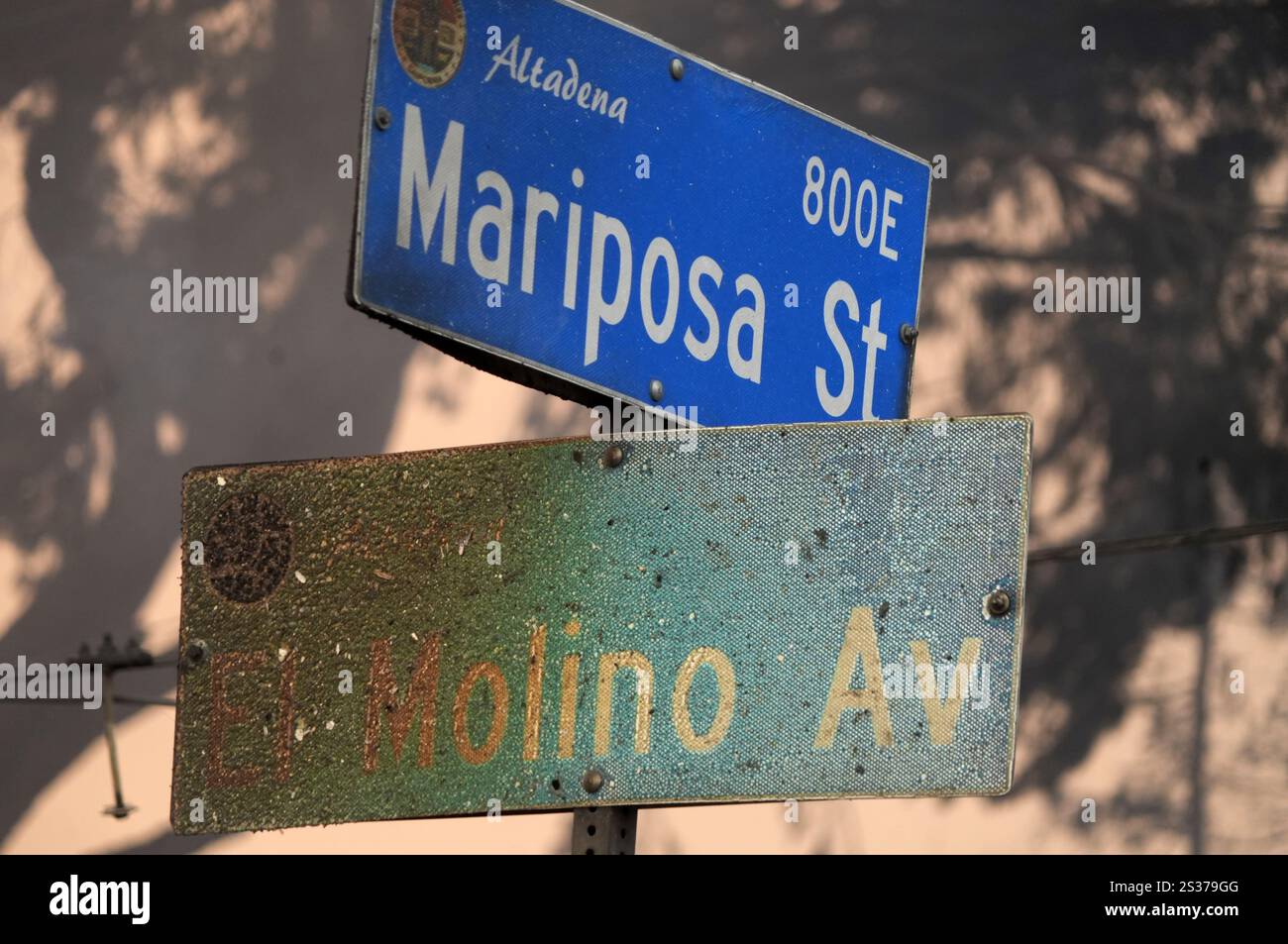 A burned street sign at Mariposa St. and El Molino Ave. during the ...