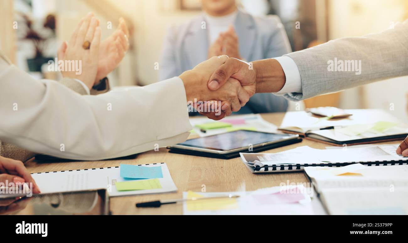 Business people, handshake and applause in office for agreement, new ...