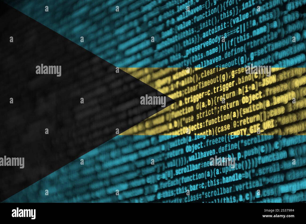 Bahamas flag is depicted on the screen with the program code. The concept of modern technology ...
